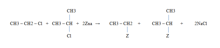Reaksi : CH₃ CH₂Cl + (CH3)2 CHCl + ZNa→X+ 2NaCl Se...