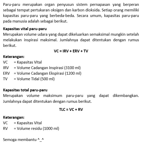 Rumus Kapasitas Vital Paru-paru dan Kapasitas tota...