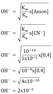 tentukan pH larutan KCN 0,4 bila diketahui Ka = 1x...