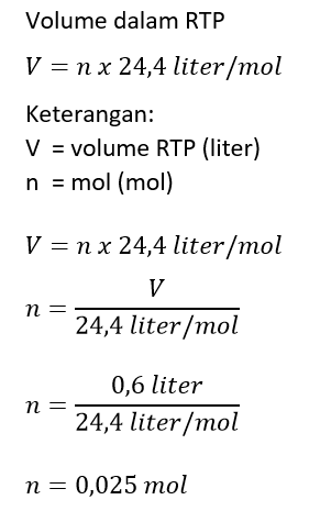 tentukan jumlah mol 0,6 gas h2 pada keadaan RTP...