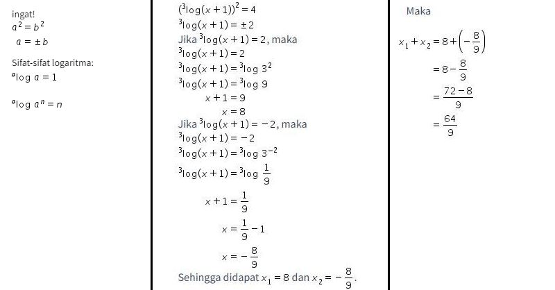 Jika x1 dan x2 memenuhi ( ^3log (x + 1))² = 4, ma...