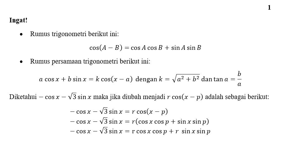 Ubahlah ke dalam bentuk r cos(x−p) dari (−cosx−(√3...