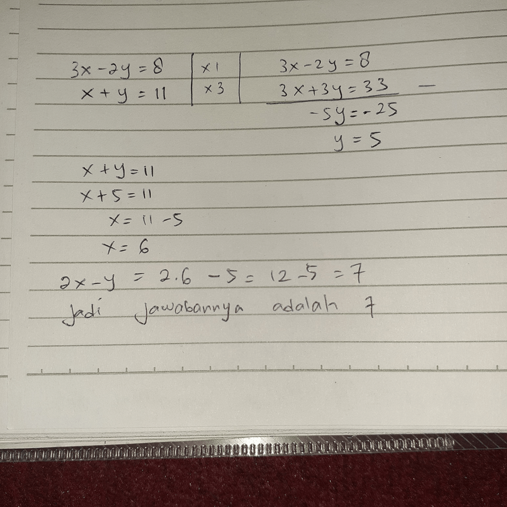 Diketahui persamaan 3x – 2y = 8 dan x + y = 11, ma...