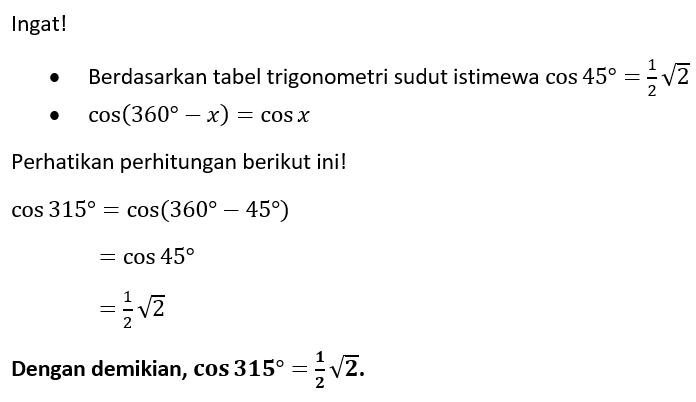 Besar sudut cos 315 derajat adalah...