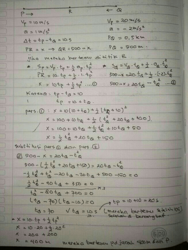 Benda P mula-mula bergerak dengan kecepatan awal 1...