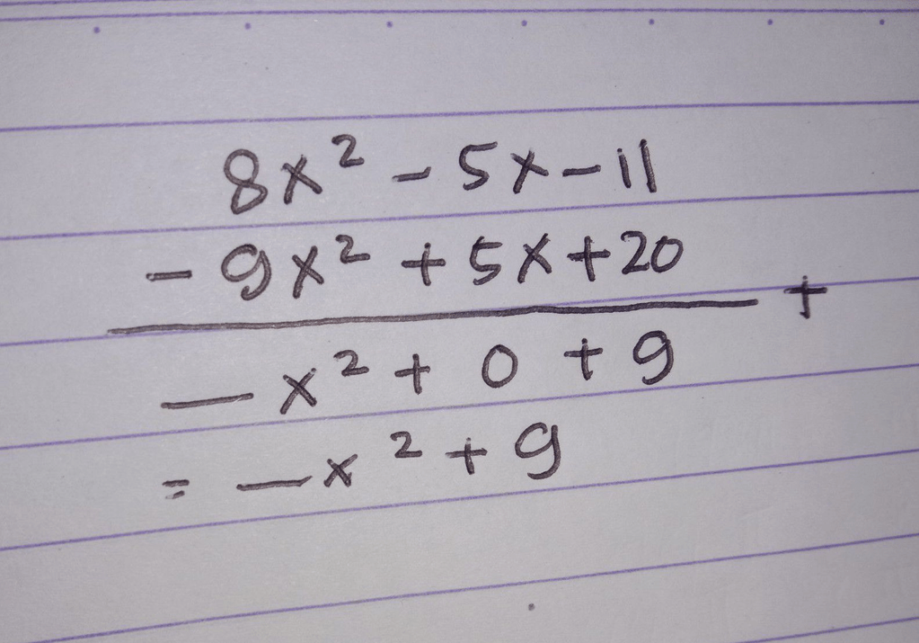 Jumlah dari 8x 2 - 5x - 11 dan 20 + 5x - 9x 2 adal...