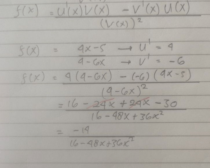 f(x) = (4x - 5)/(4 -6x) tentukan turunan pertama d...
