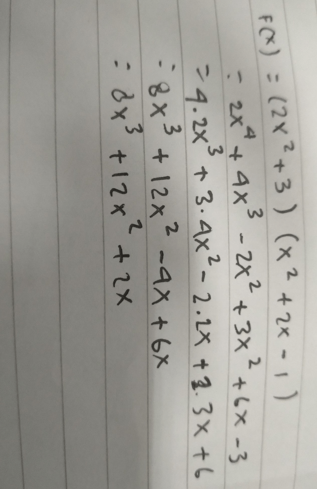 Tentukan turunan fungsi berikut : F(x)=(2x²+3)(x²+...