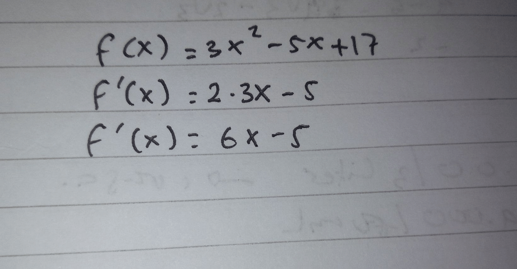 Tentukan turunan fungsi pertama dari f (x) = 3x²-5...