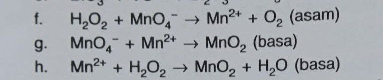 H202 +MnO-> Mn^2++02 (asam) MnO4 + Mn^2+-> M...