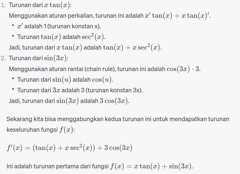 f(x) = x tan x + sin 3x tentukan turunannya...