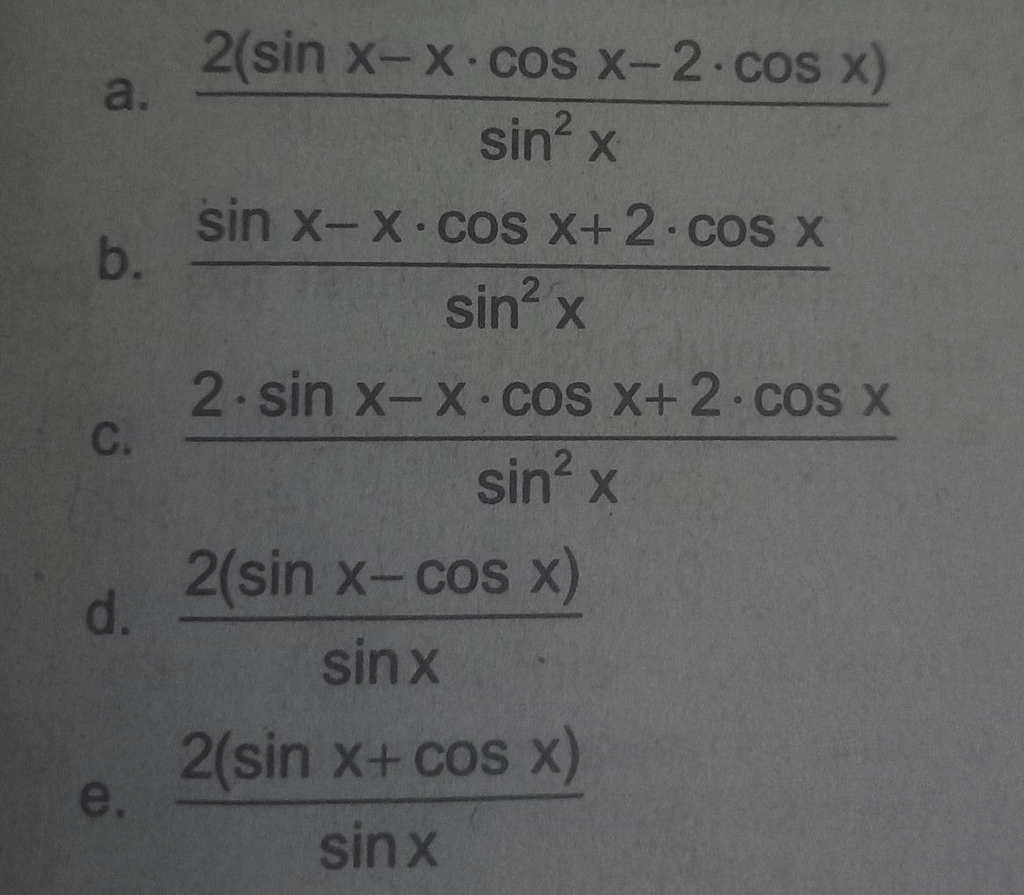 Turunan pertama dari fungsi f(x) = (2x + 4)/(sin x...