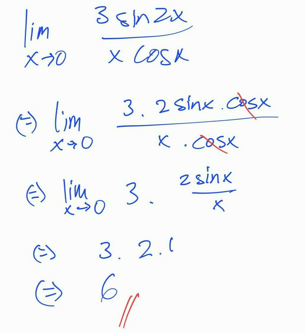 1. tentukan hasil dari lim x→0 3sin2x/xcosx...