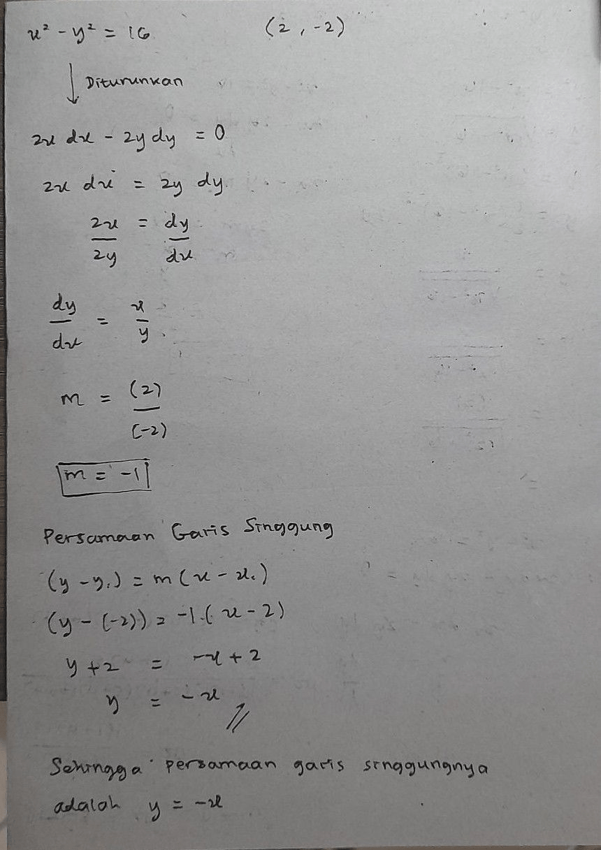 Tentukan persamaan garis singgung yang melalui tit...