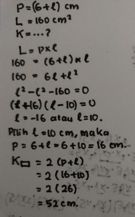 Panjang sebuah persegi panjang adalah 6 cm lebih d...