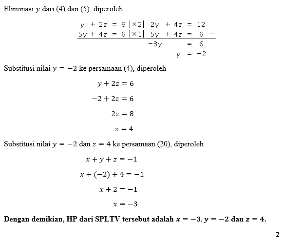 Tentukan Hp dari SPLtv berikut! x+2y+3z=5 x+y+z=−1...