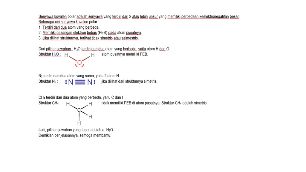 Senyawa berikut yang bersifat kovalen polar adalah...
