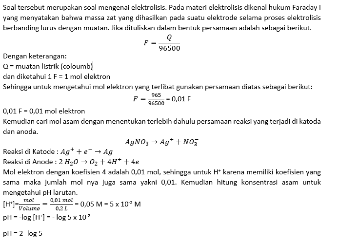 Ke dalam 200 mL larutan AgNO3 0,1 dialirkan arus l...