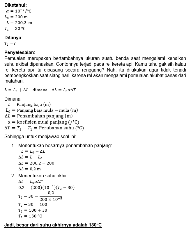 sebatang logam yang memiliki muai panjang 10 pangk...