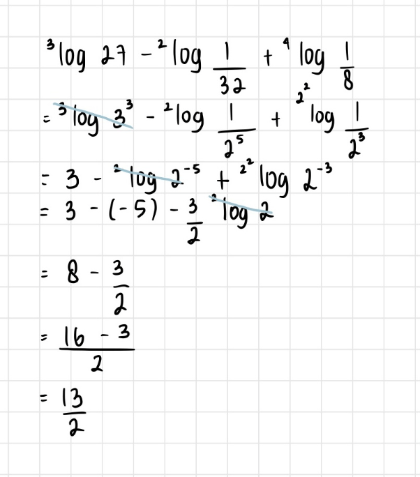 Hasil dari ³ log 27 - ² log 1/32 + ⁴ log 1/8...