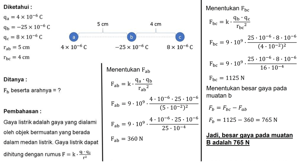 tiga buah muatan listrik yaitu qa, qb, dan qc sega...