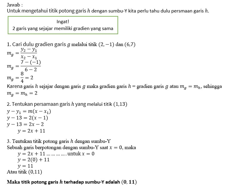 Diketahui garis g melalui titik (2,−1) dan (6,7).
