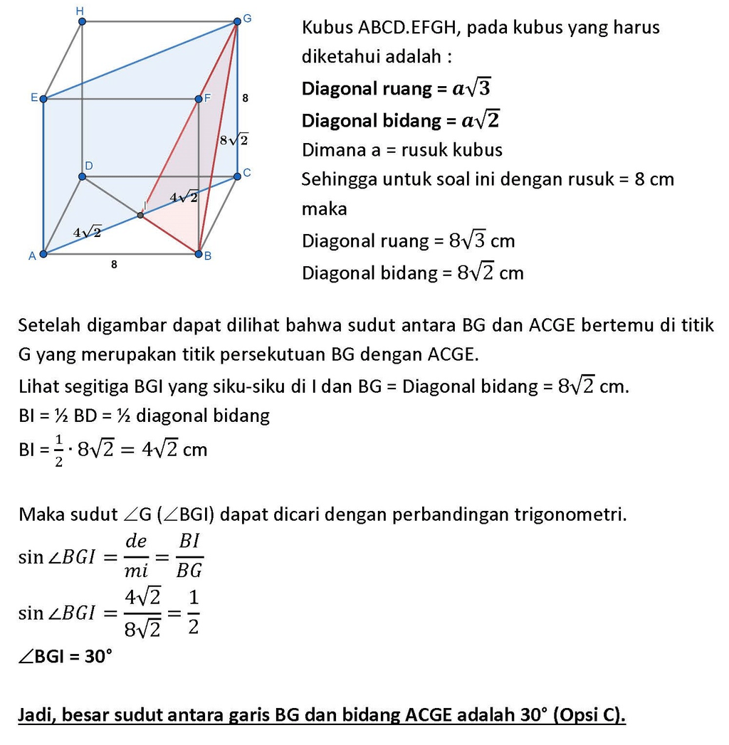 Diketahui kubus ABCD.EFGH panjang rusuk 8 cm. Besa...