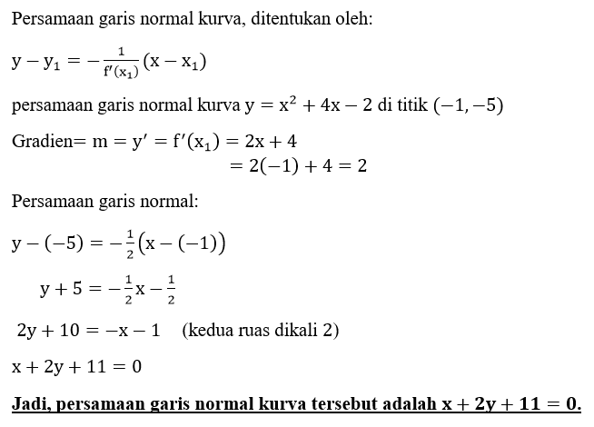 Tentukan persamaan garis normal kurva y=x^(2)+4x-2...