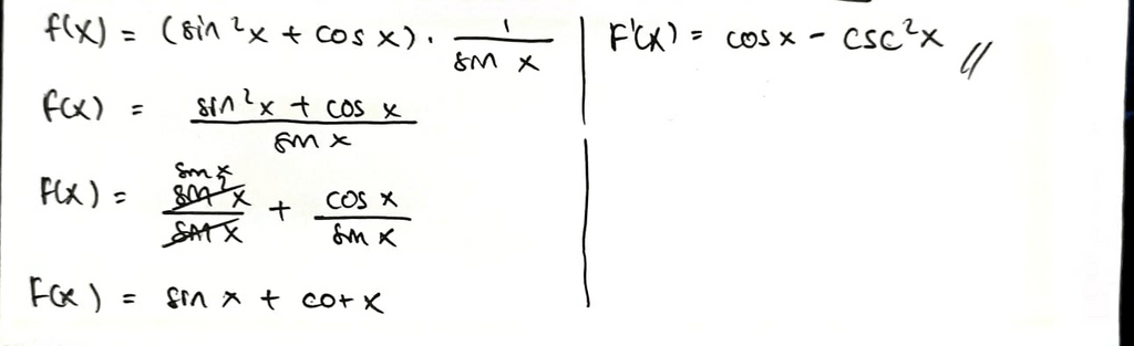 f(x)=(sin²x+cos x)(csc x) Tentukan turunan trigono...