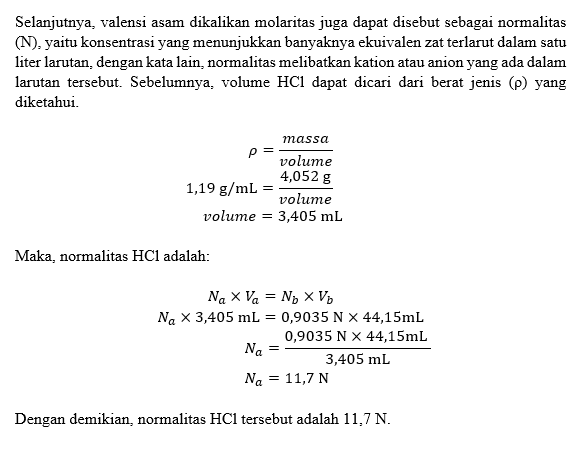 sebanyak 4,052g HCl, berat jenis 1,19 membutuhkan ...