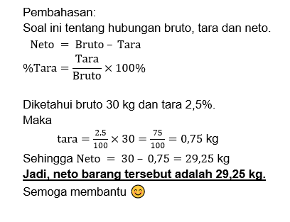 Suatu barang bruto 30 kg dan tara 2,5%.Berapa neto...