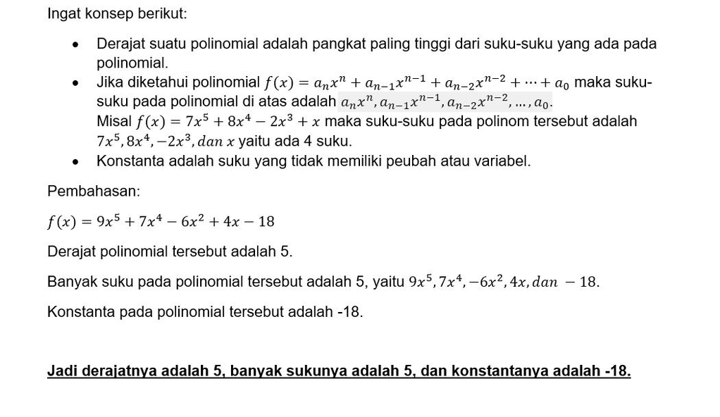 tentukan derajat banyak suku dan konstanta masing ...