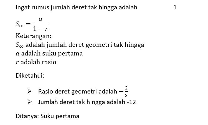 diketahui rasio deret geometri adalah -2/3 dan jum...