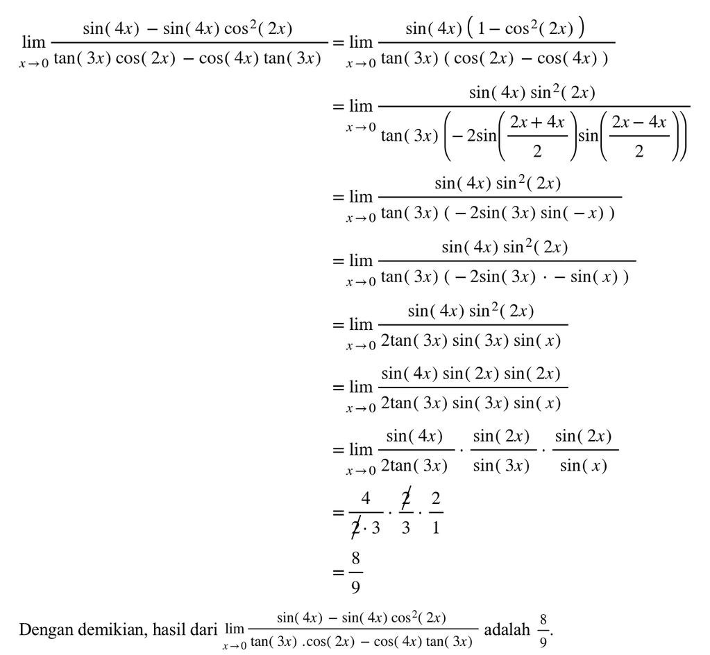 lim_(x→0) (sin4x−sin4x.cos^(2)2x)/(tan3x.cos2x−cos...