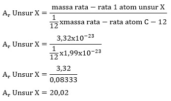 masa rata-rata 1 atom unsur X=3, 32×10–²³ gram da...
