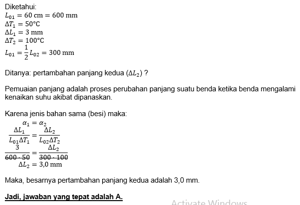 Sebatang besi yang panjangnya 60 cm dipanasi hingg...