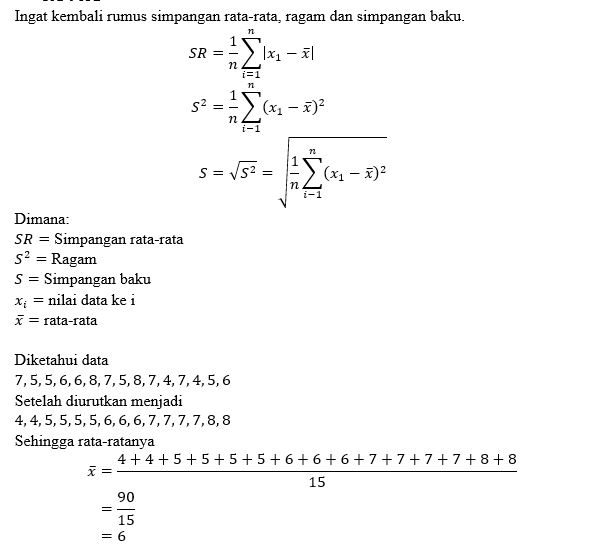 Tentukan simpangan rata-rata, ragam, dan simpangan...