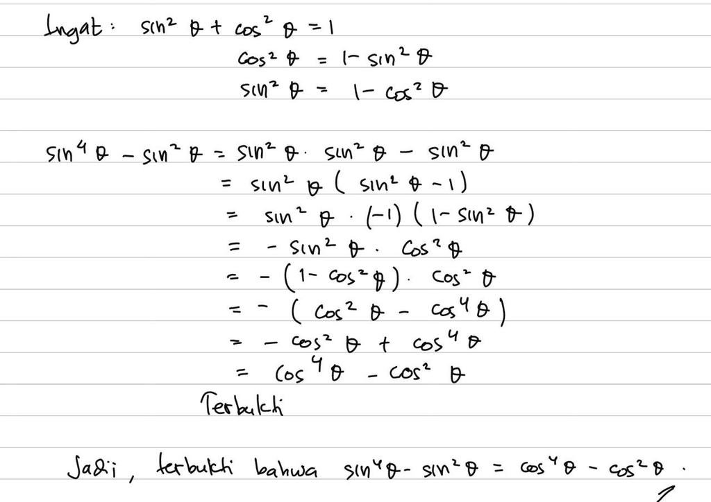 sin^4 theta - sin^2 theta = cos^4 theta - cos^2 th...