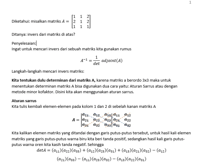 Invers dari matriks [(1 1 2)(2 1 2)(1 1 1)] adalah...