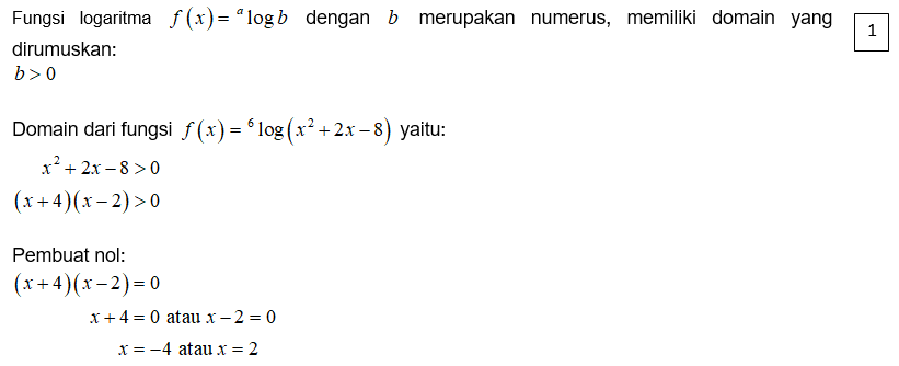 Domain fungsi logaritma f(x)=^(6)log(x^(2)+2x−8) a...