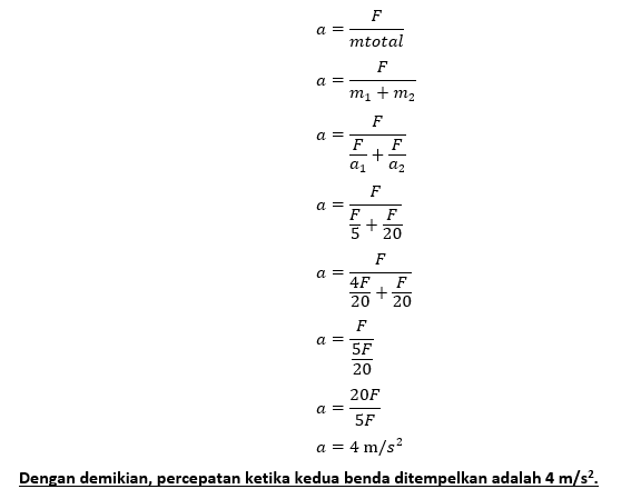 Sebuah gaya F bekerja pada fua buah benda. Benda 1...