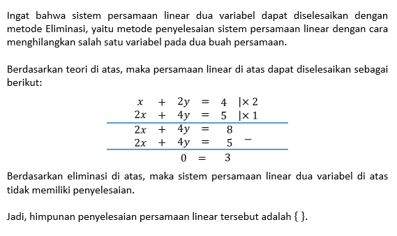 Selesaikan sistem persamaan linear dua variabel be...