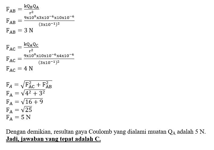 Perhatikan gambar berikut. Tiga muatan QA, QB, dan...