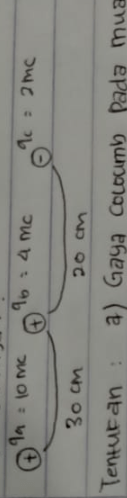 Dua muatan masing-masing besarnya 25 mC dan -36 mC...