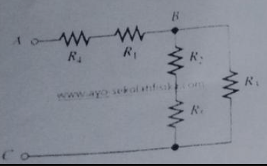 Jika R1 = 2 Ω, R2 = 4 Ω, R2 = 4 Ω, R3 = 2 Ω, R4