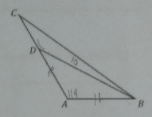 Perhatikan gambar berikut. Jika AD=AB,∠DBC=10°dan ...