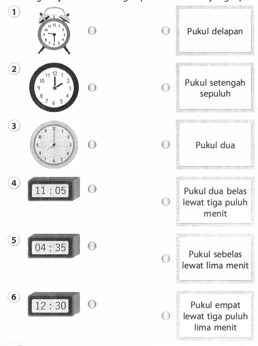 Hubungkan jam berikut dengan penulisan waktu yang ...