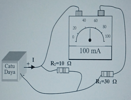dua buah resistor, catu daya (power supply), amper...