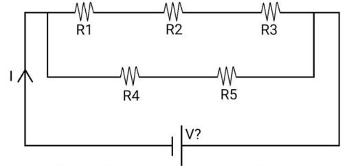 Jika R1 = 2 Ω, R2 = 2 Ω, R3 = 2 Ω, R4 = 4 Ω, R5